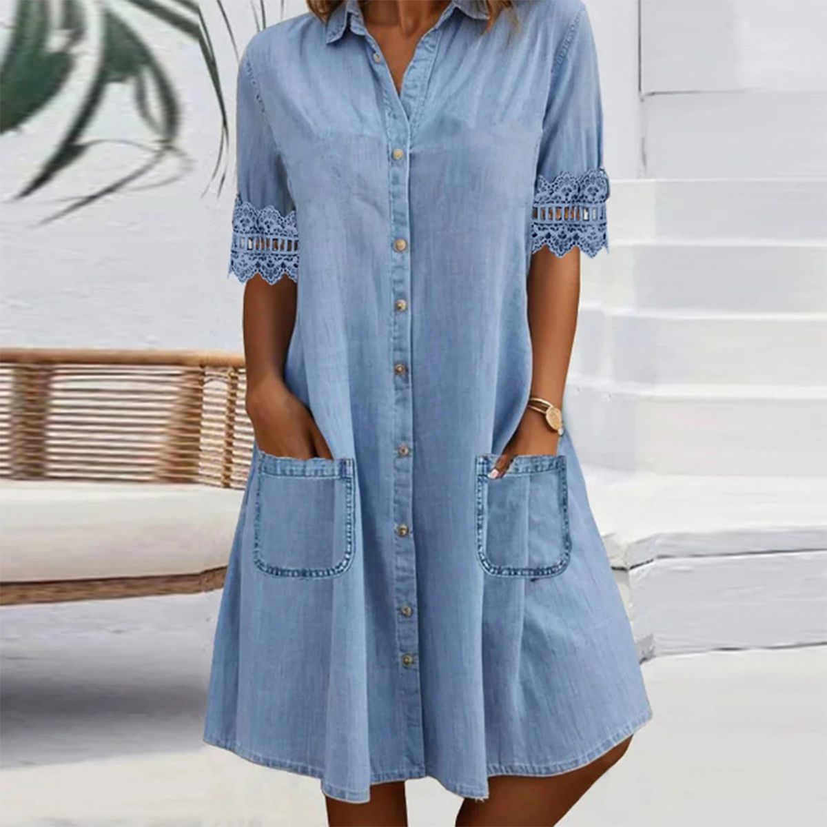 🎁Limited time 49% OFF⏳Blue Plain Collared Lace Trim Denim MIni Dress ...